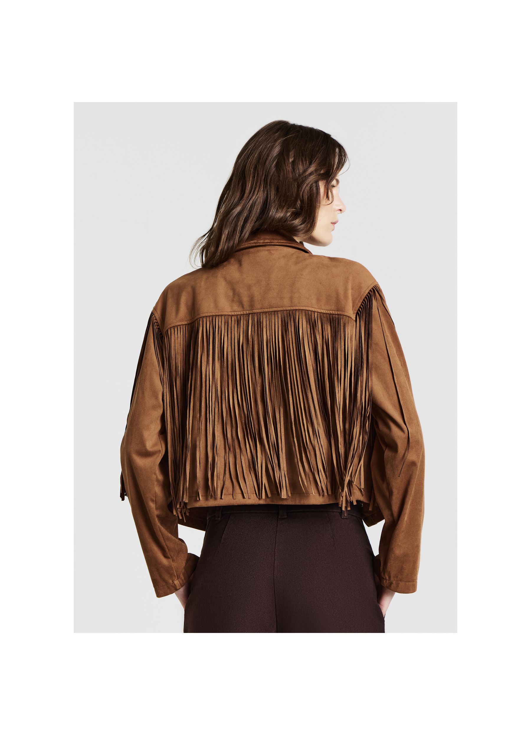 Jacke in Dainetto-Optik mit Fransen biscotto | Calliope