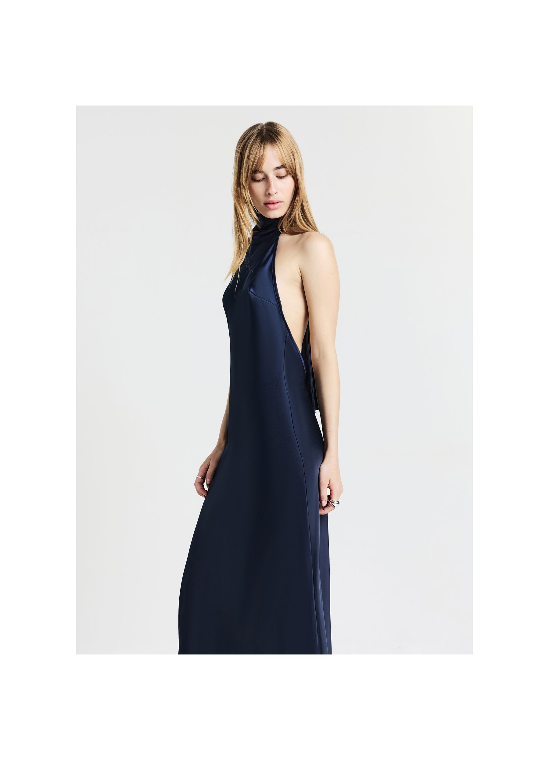 Satin-like halterneck dress blue night | Calliope