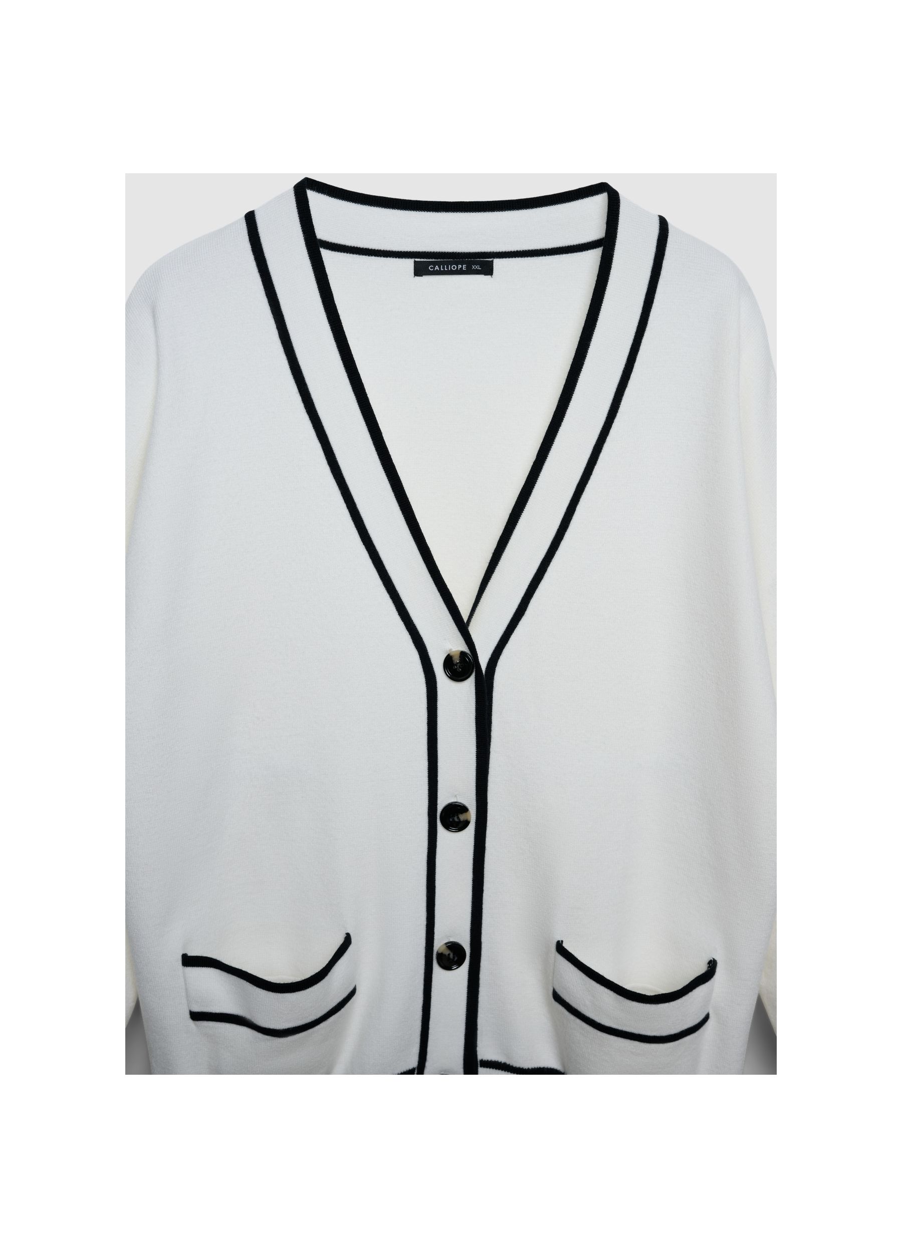 Cardigan with contrasting trims and V-neckline white wool | Calliope